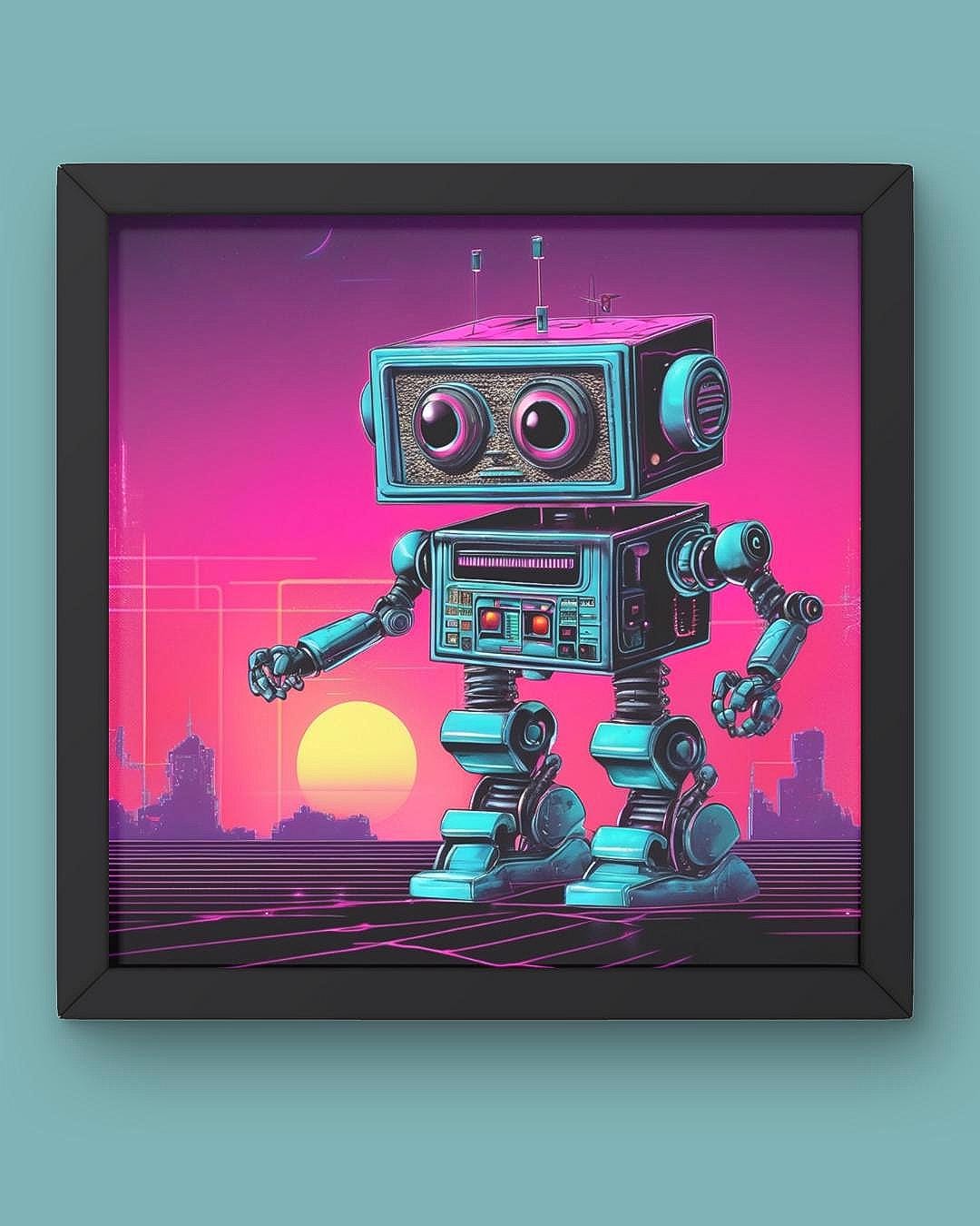 Retro Synthwave Poster | Digital Wall Art | Robot Sunset Design | 80s ...