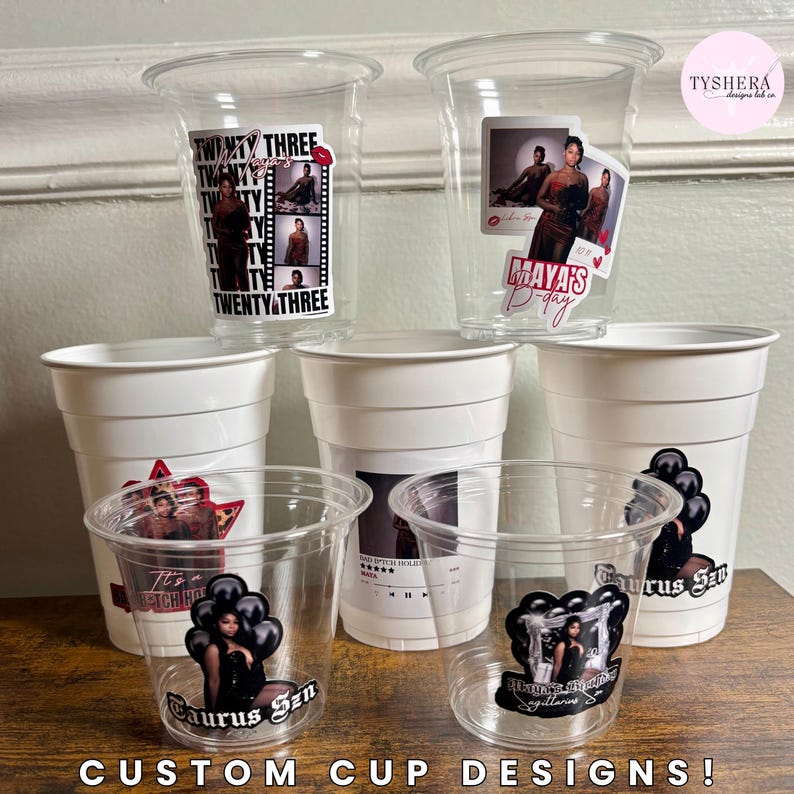 Custom Photo Birthday Party Cups, Waterproof Stickers, 12 Pre-made ...
