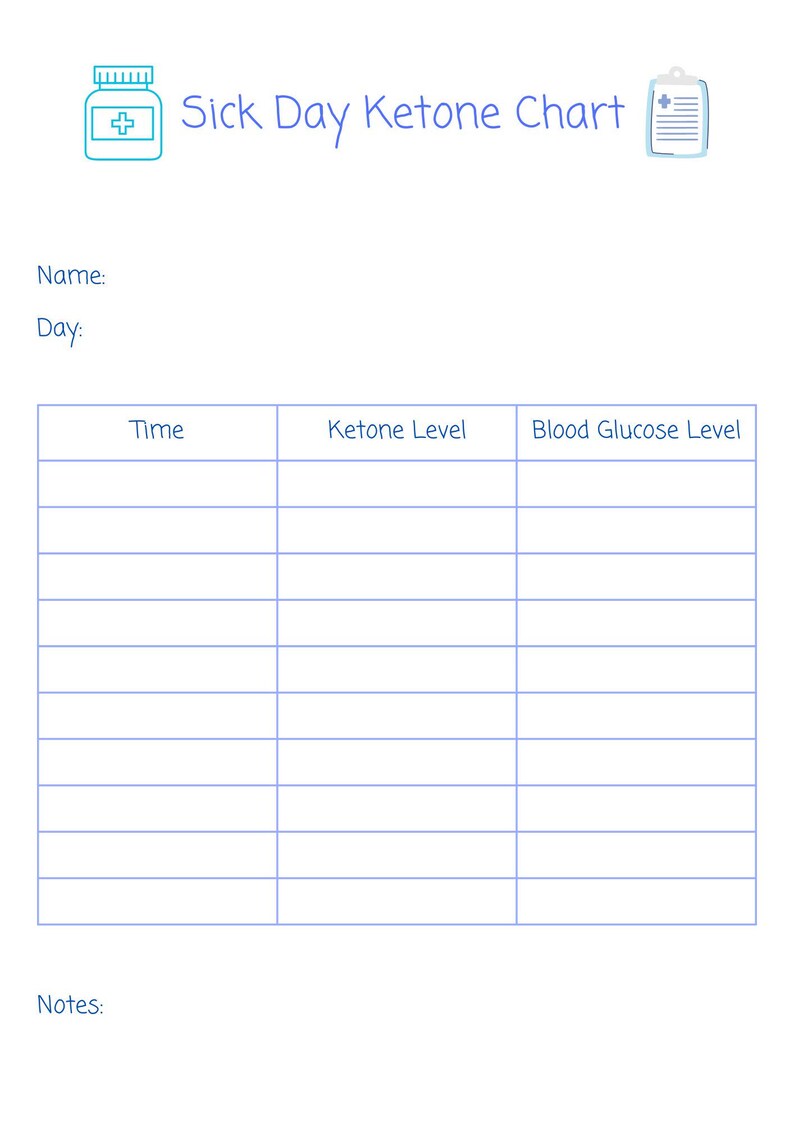 Printable Daily Ketone Chart Sick Day Type 1 Diabetic Diary Monitoring ...