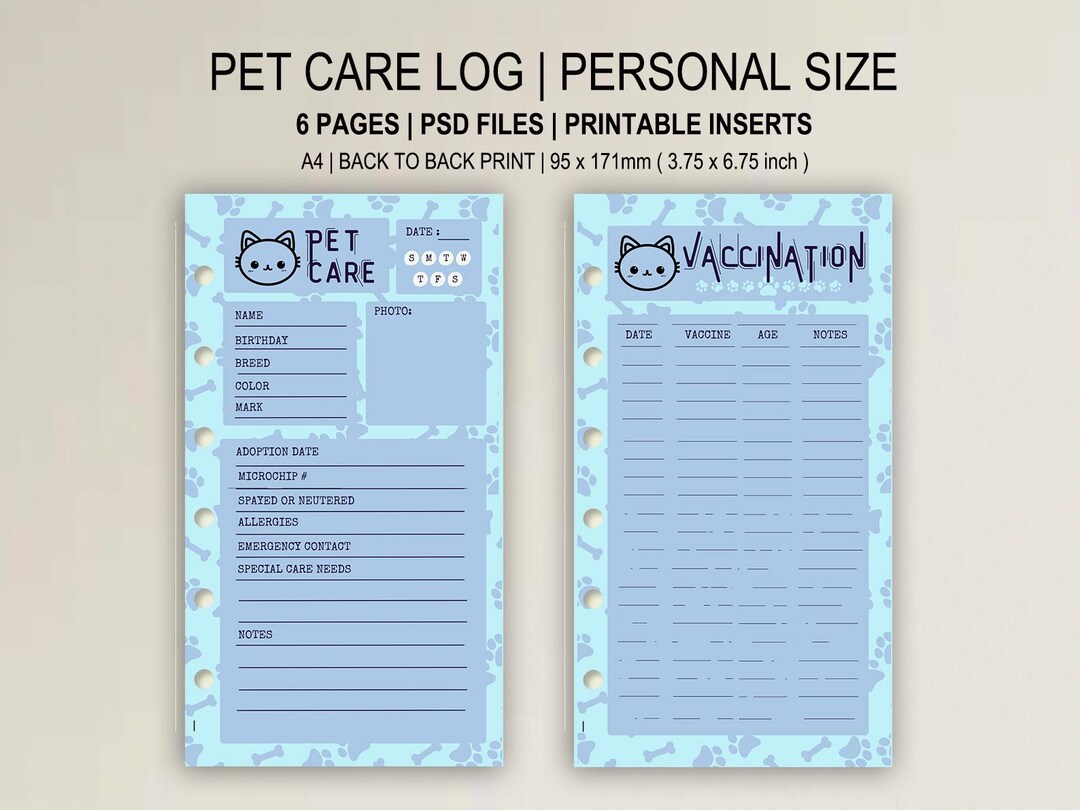 Pet Care Log for Male Cats | Personal Size Printable Inserts | Cat ...