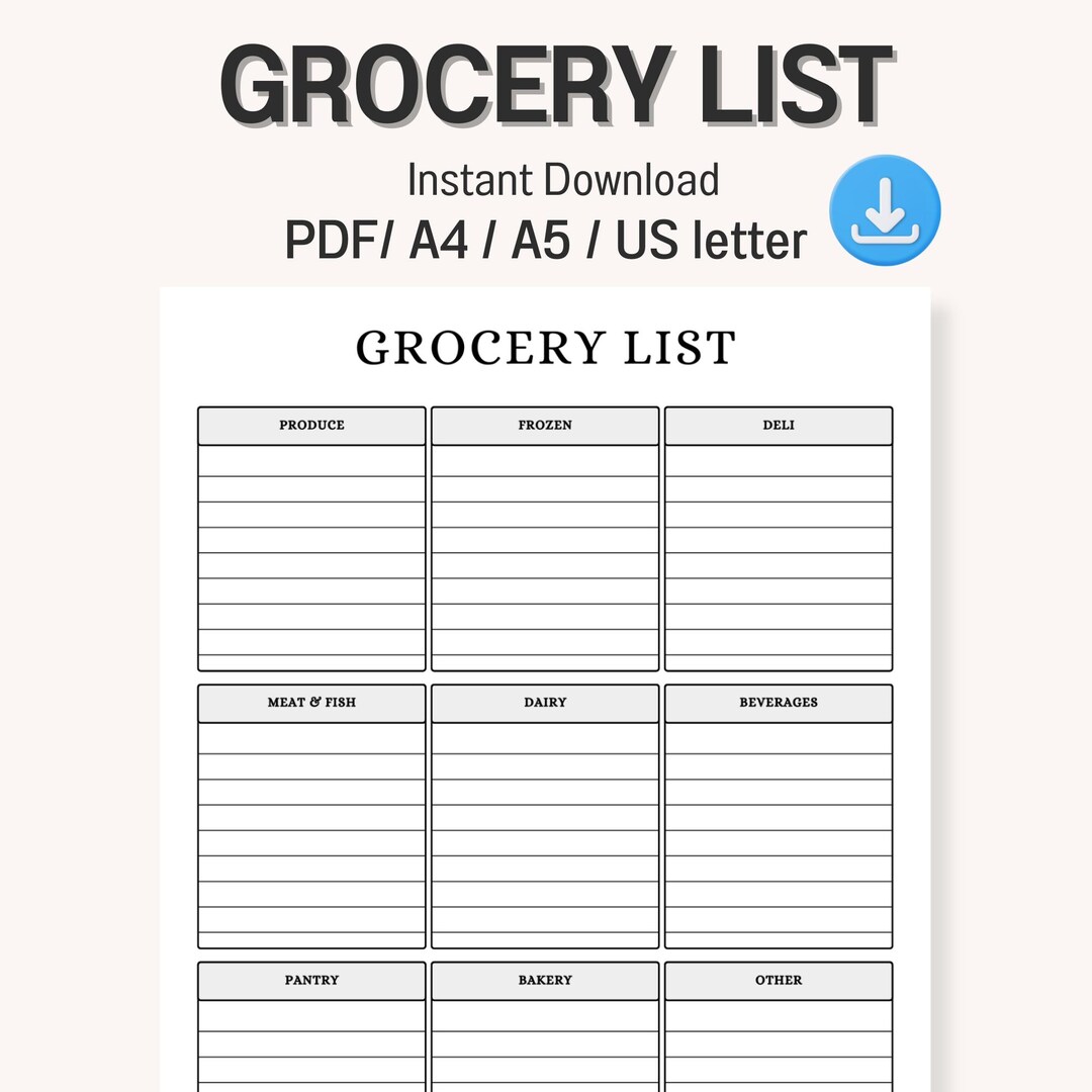 Categorized Grocery List Printable | Minimalist Shopping Checklist ...