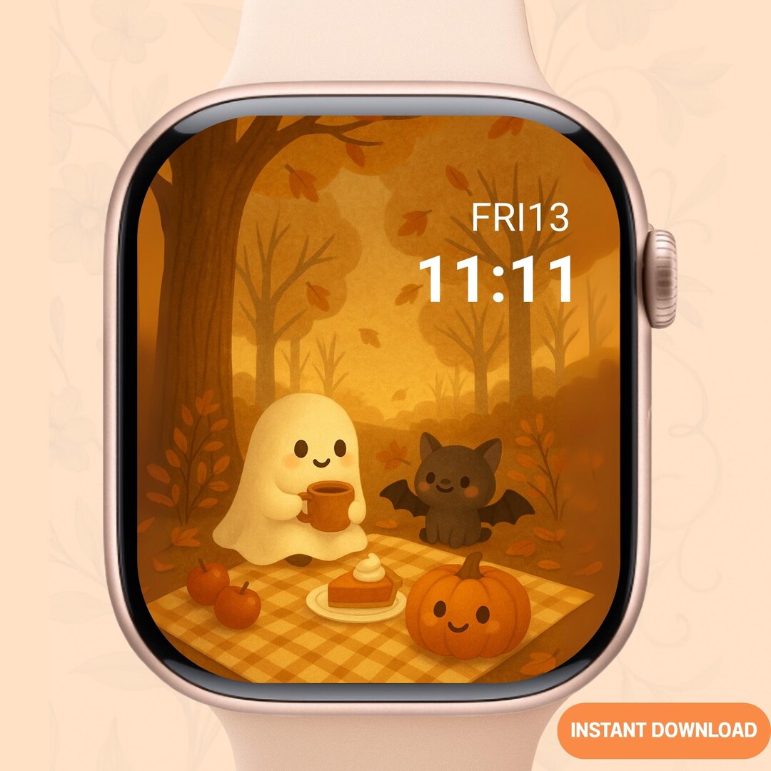 Cozy Ghost Picnic Halloween Watch Face – Cute Autumn Forest Apple Watch ...