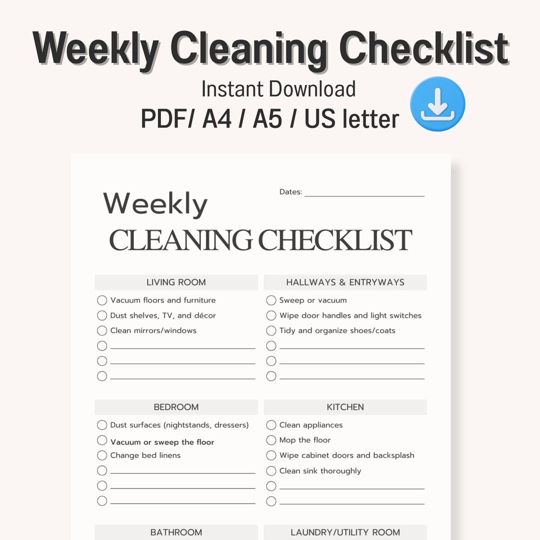 Weekly Cleaning Checklist | Room by Room Chore List A4 A5 US Letter PDF ...