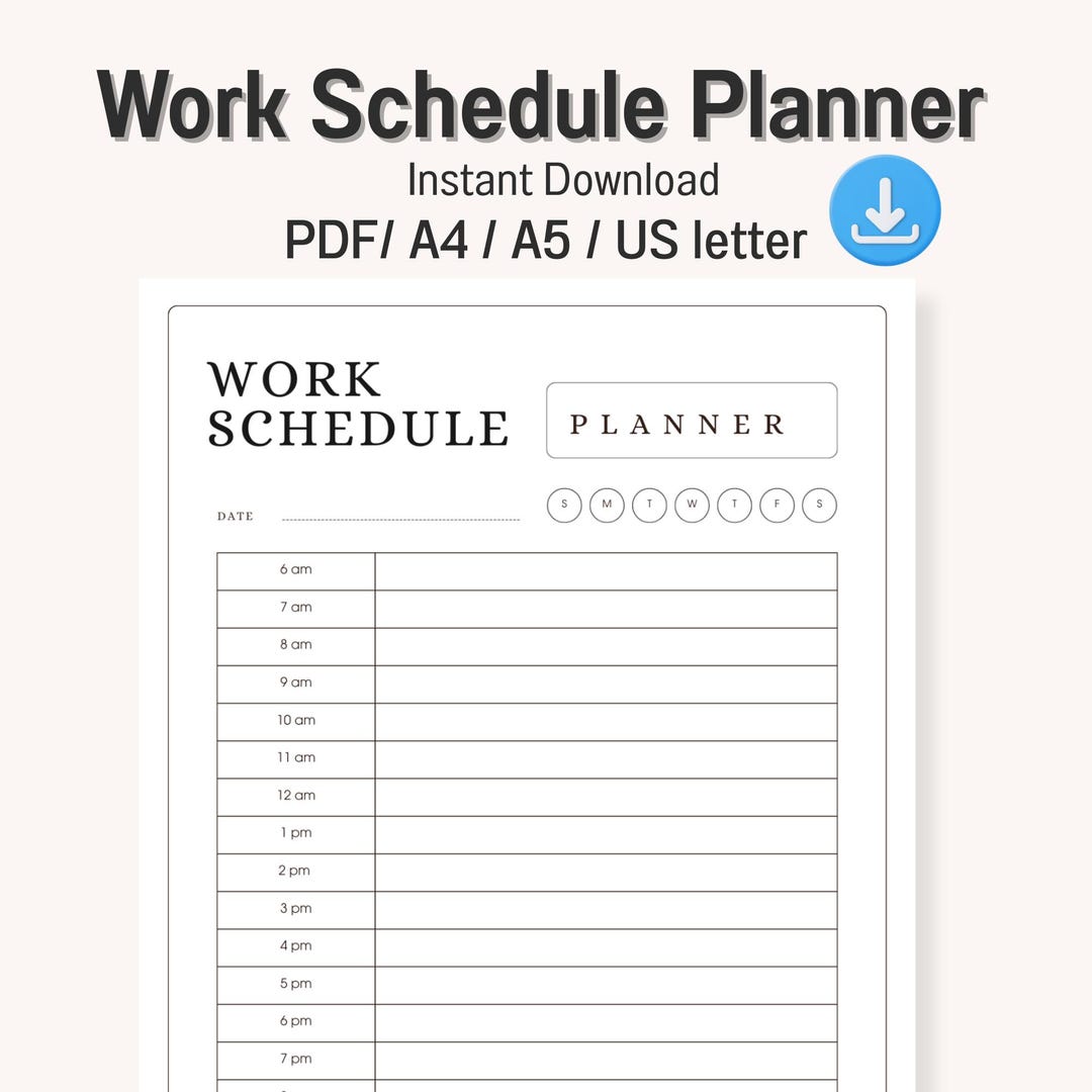 Work Schedule Planner Printable PDF | Daily Hourly Work Planner ...