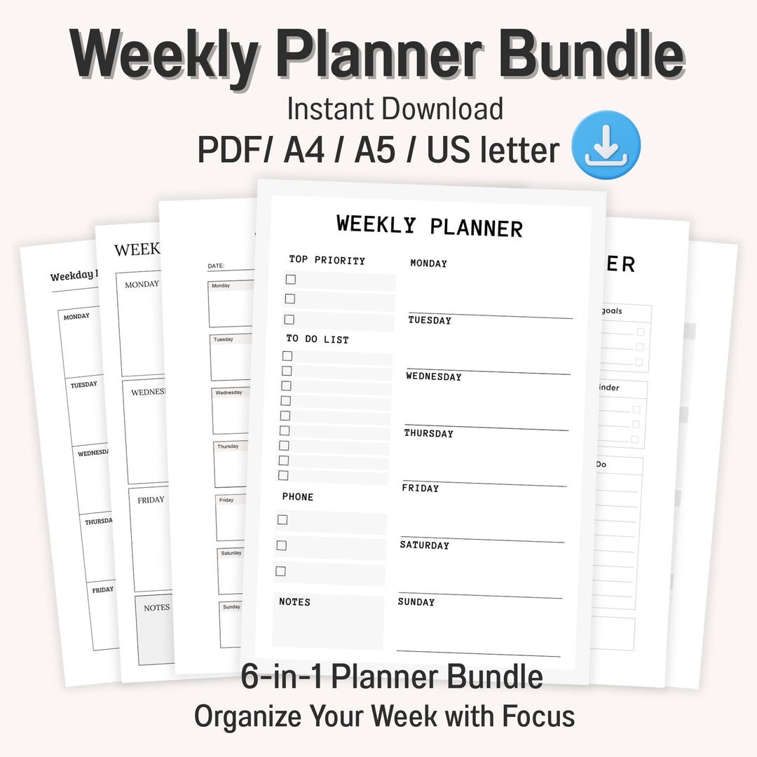 Weekly Planner Bundle Printable PDF A4 A5 US Letter Productivity ...