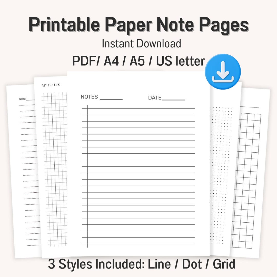 Printable Notes Paper Bundle PDF A4 A5 US Letter Line Dot Grid - Etsy
