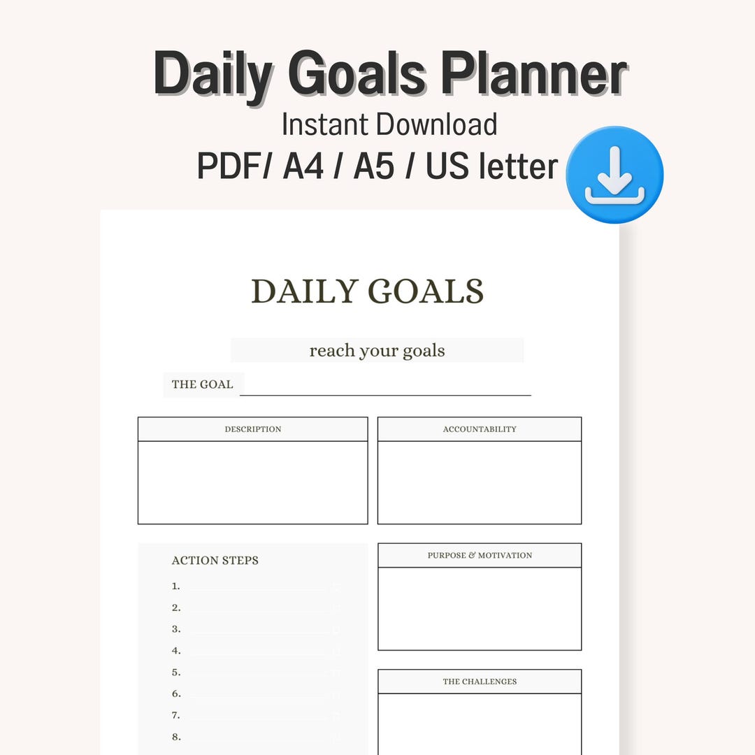 Daily Goals Planner Printable PDF A4 A5 US Letter Goal Setting ...
