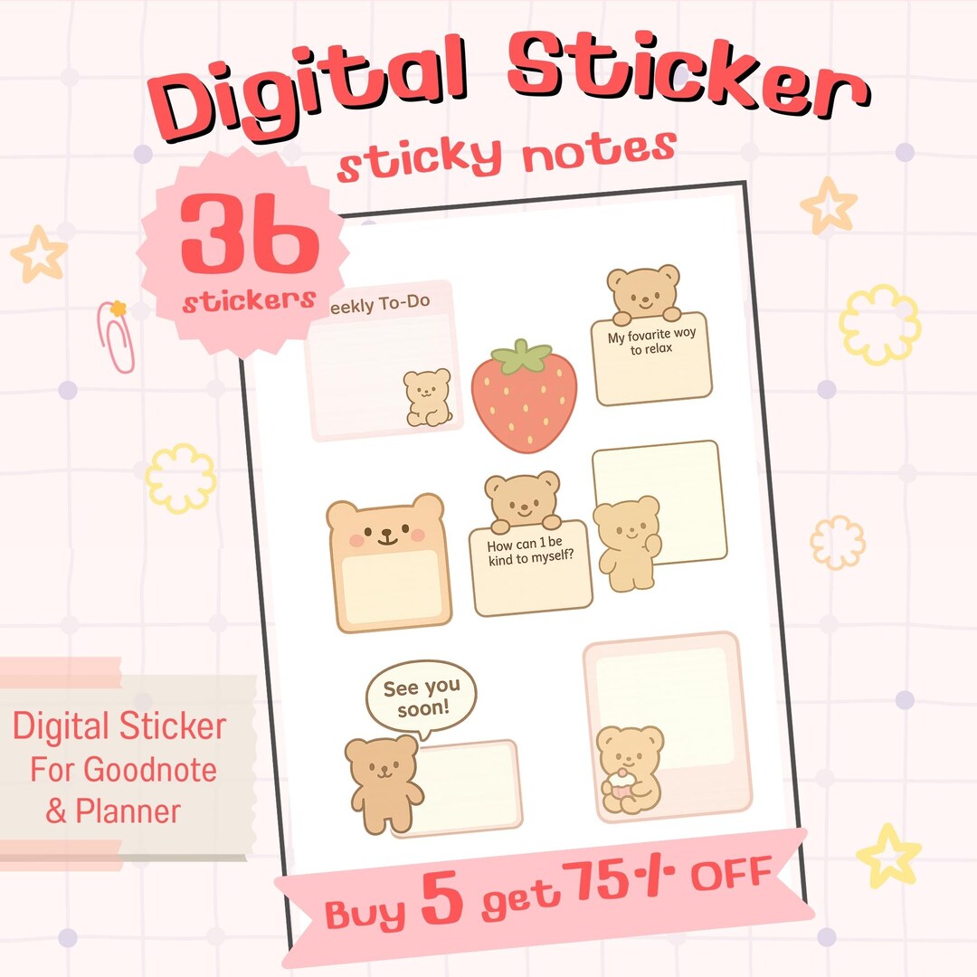Kawaii Bear Sticky Notes 36 PNG Planner Stickers Digital Download ...
