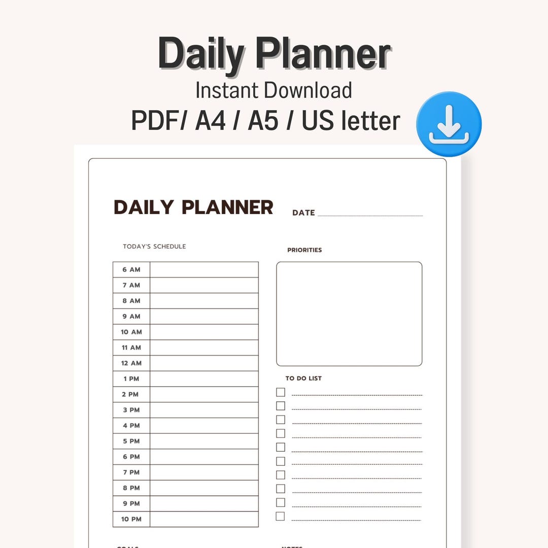 Printable Daily Planner PDF A4 A5 US Letter Schedule Goals to Do Notes ...