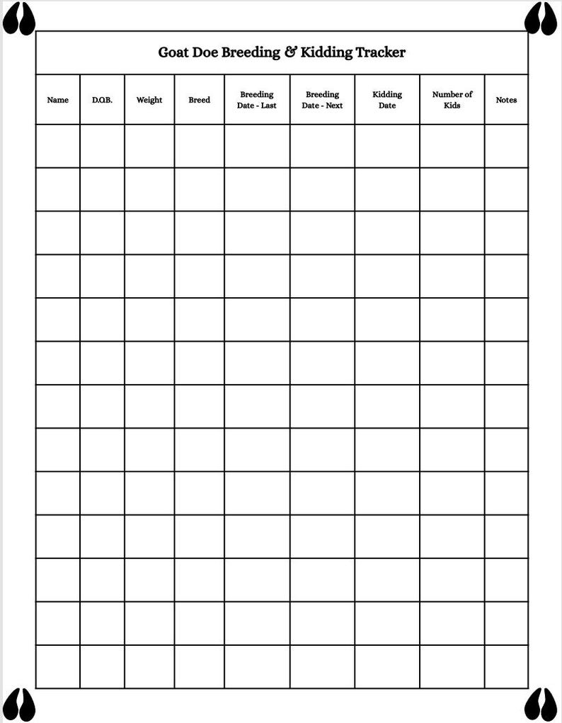 Goat Breeding & Kidding Tracker | Printable Doe Record Sheet | Goat ...