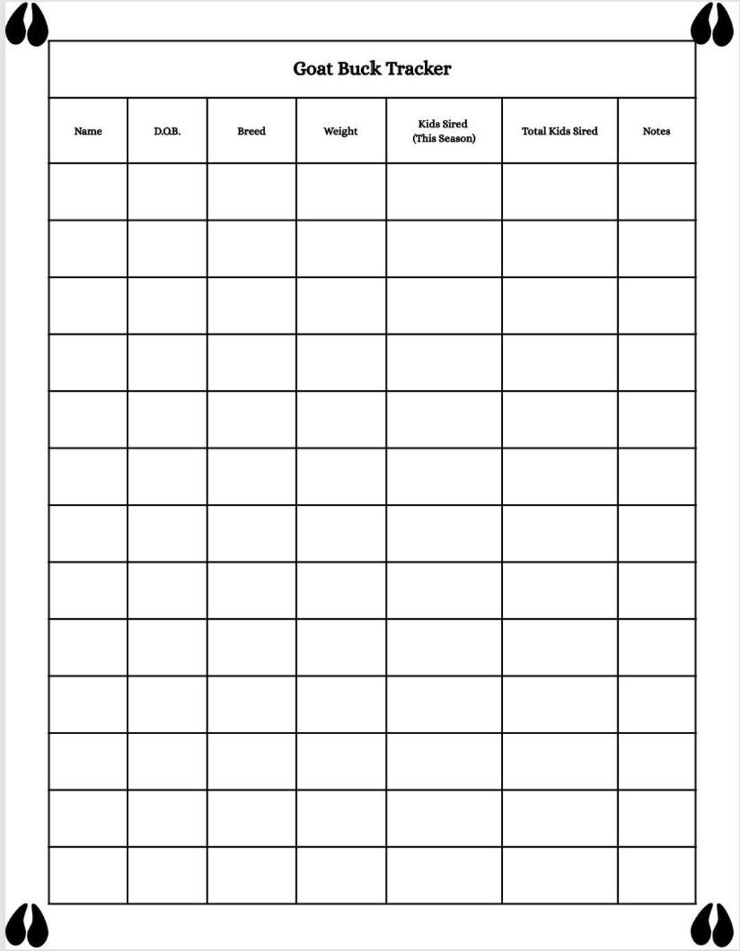 Goat Buck Breeding Tracker | Printable Goat Record Keeping Sheet ...