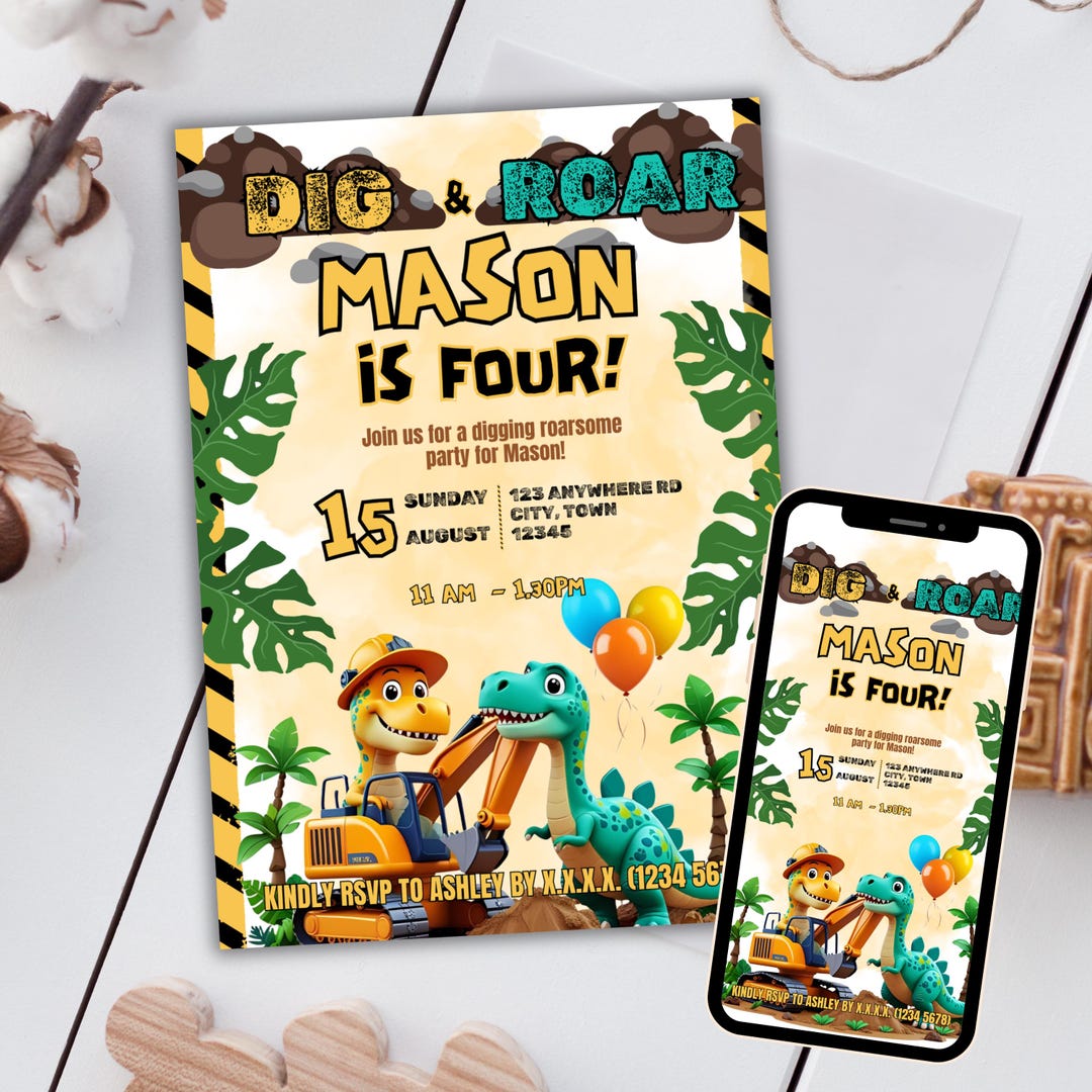 Dinosaur Construction Birthday Invitation: Dino Dig Party Evite ...