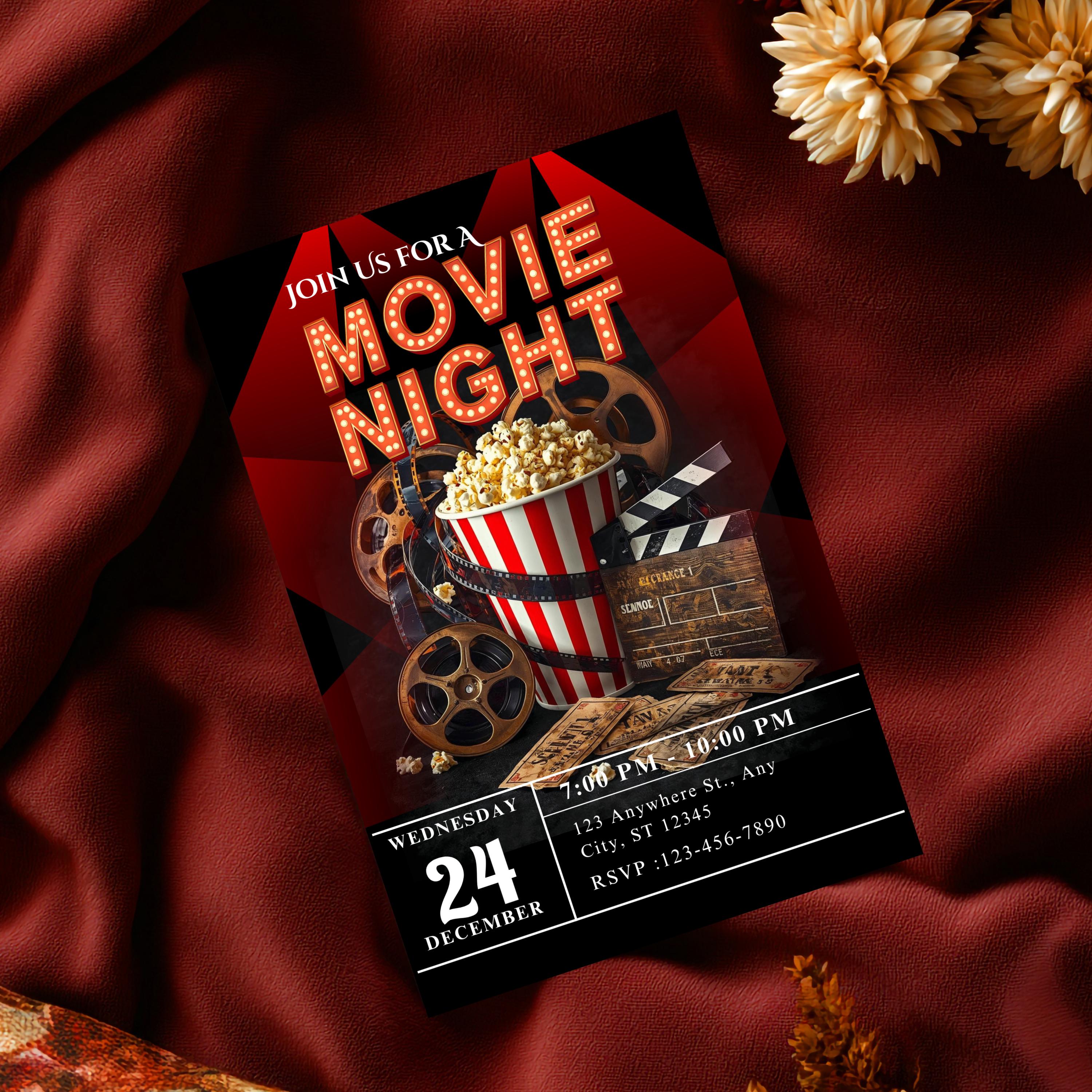 Movie Night Party Invitation. Cinema Blockbuster Sleepover Birthday ...