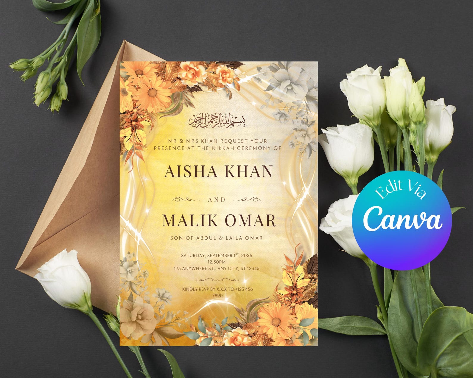 Islamic Nikkah Wedding Invitation Template: Minimalist Gold Evite ...