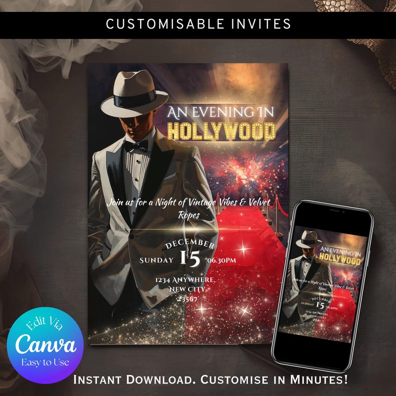 Old Hollywood Party Invitation, Red Carpet Event, Vintage Glam (digital ...