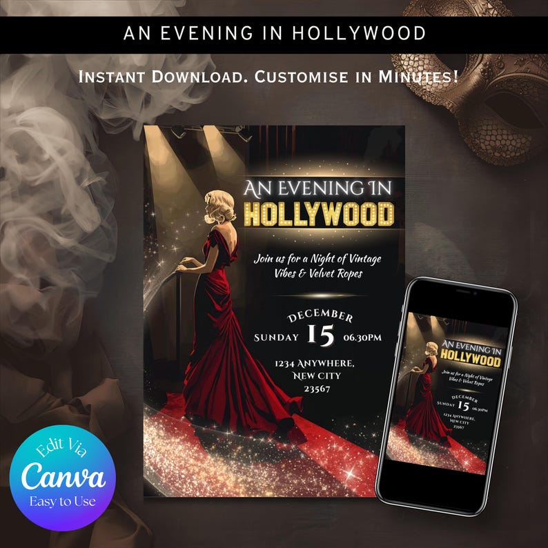 Old Hollywood Party Invitation. Editable Celebrity Red Carpet, Vintage ...