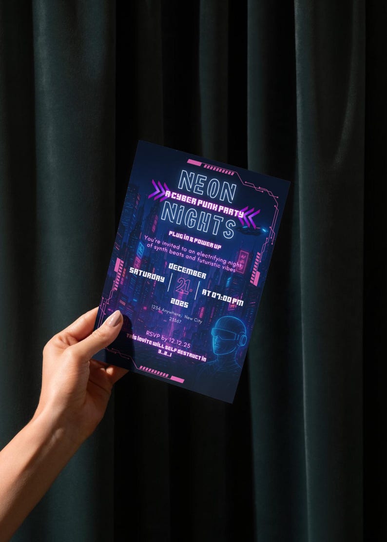 Cyberpunk Party Invitation, Neon Cityscape (canva Template) - Etsy