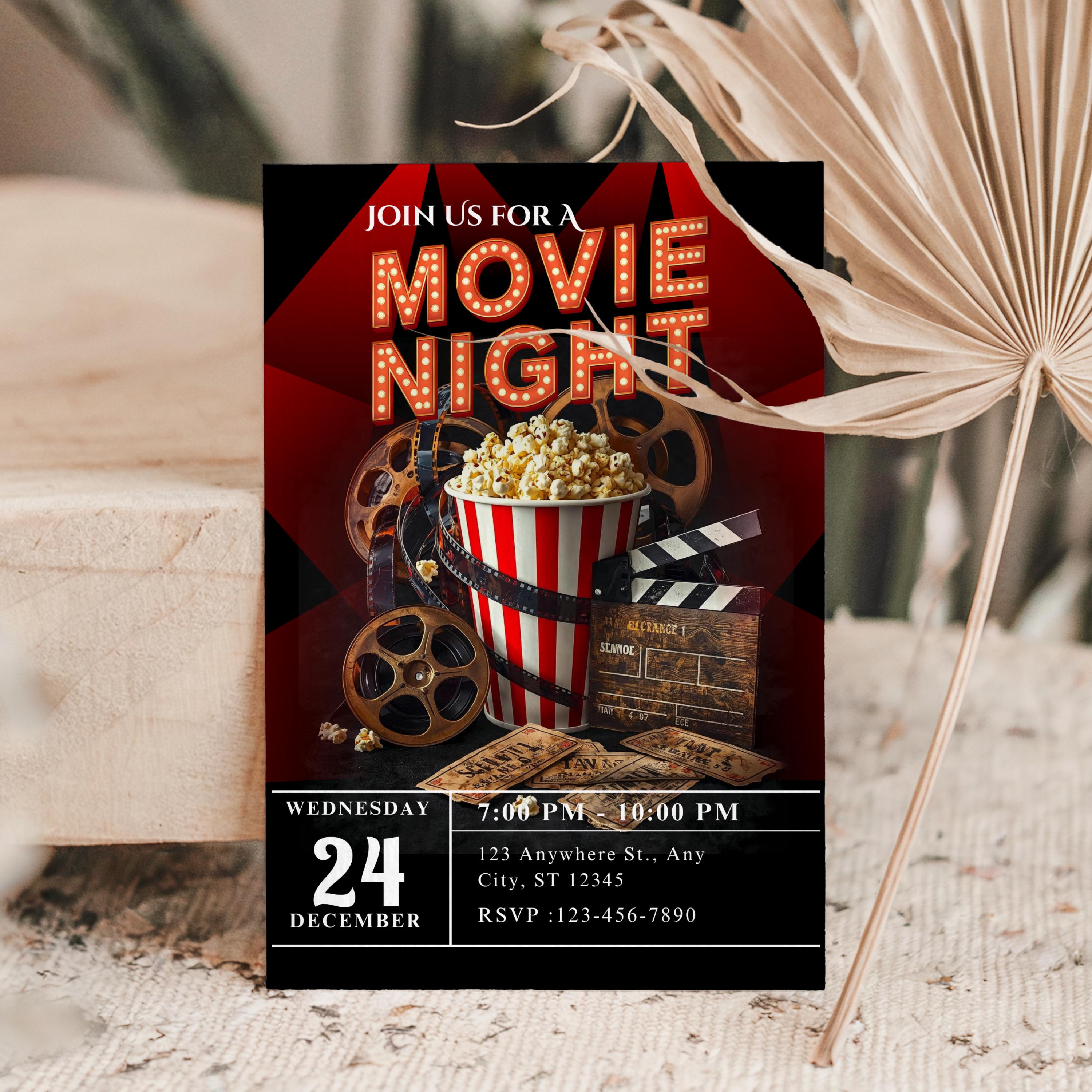 Movie Night Party Invitation. Cinema Blockbuster Sleepover Birthday ...