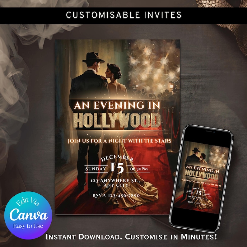 Red Carpet Hollywood Glam Party Invitation, Vintage Event (digital ...