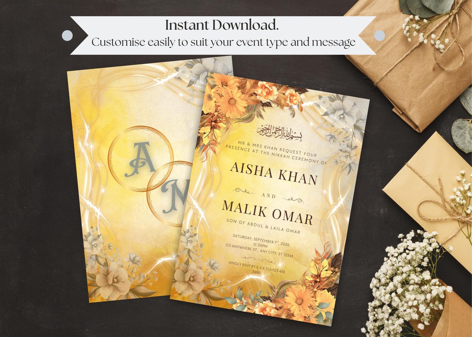 Islamic Nikkah Wedding Invitation Template: Minimalist Gold Evite ...
