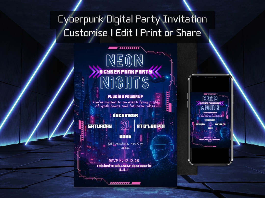 Cyberpunk Party Invitation, Neon Cityscape (canva Template) - Etsy