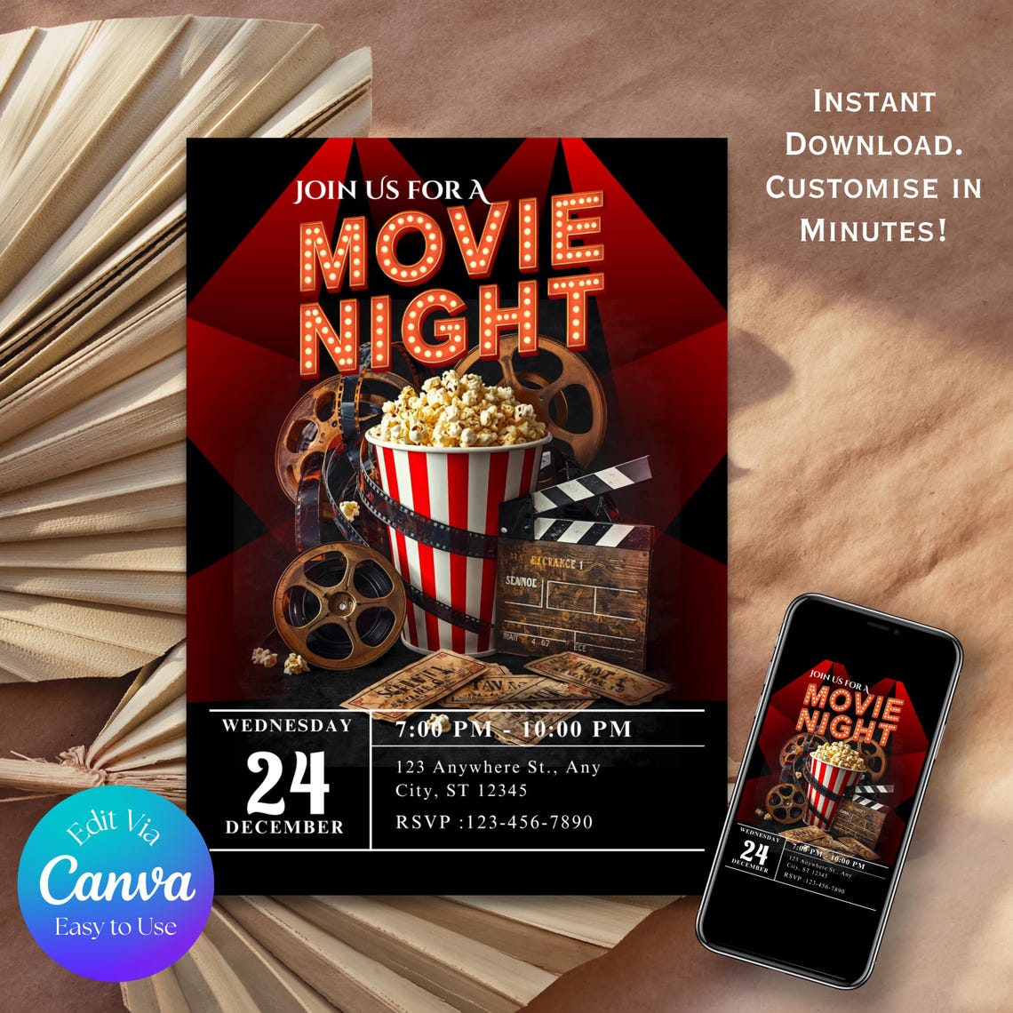 Movie Night Party Invitation. Cinema Blockbuster Sleepover Birthday ...