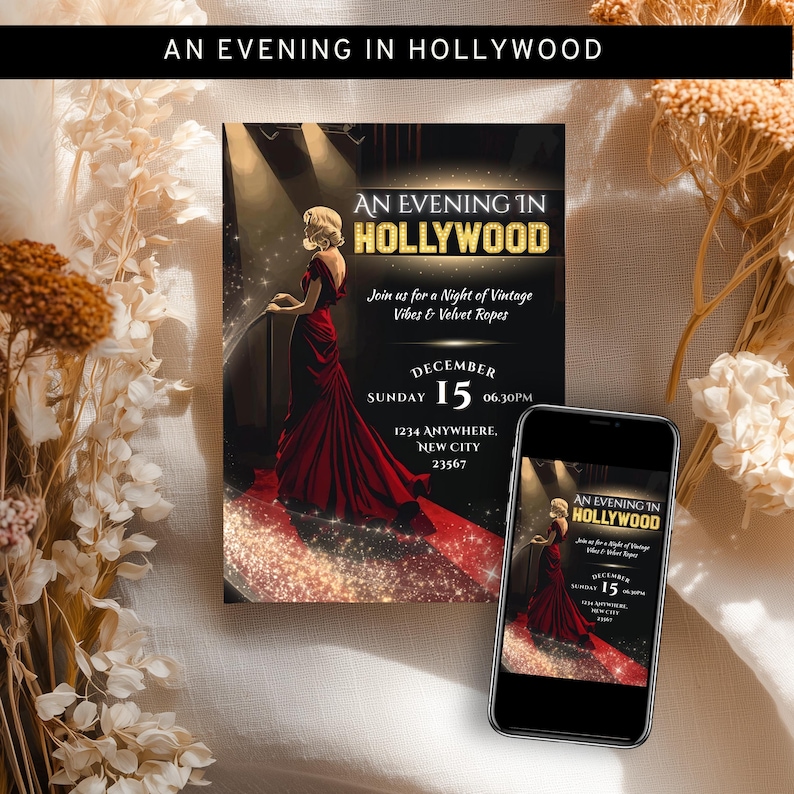 Old Hollywood Party Invitation. Editable Celebrity Red Carpet, Vintage ...