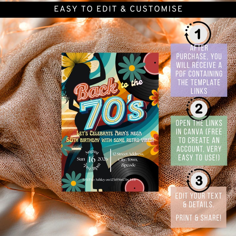 Back to the 70s Invitation | Retro Disco 50th Birthday Party Invite ...