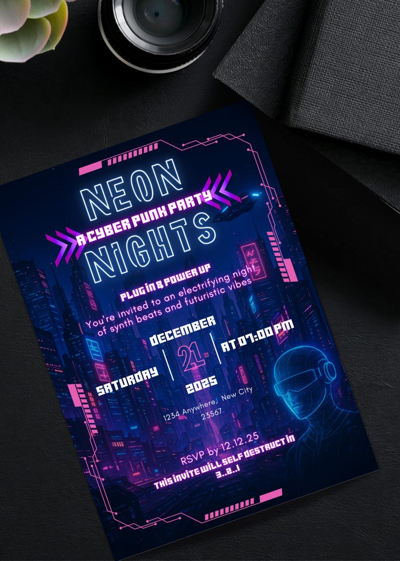 Cyberpunk Party Invitation, Neon Cityscape (canva Template) - Etsy