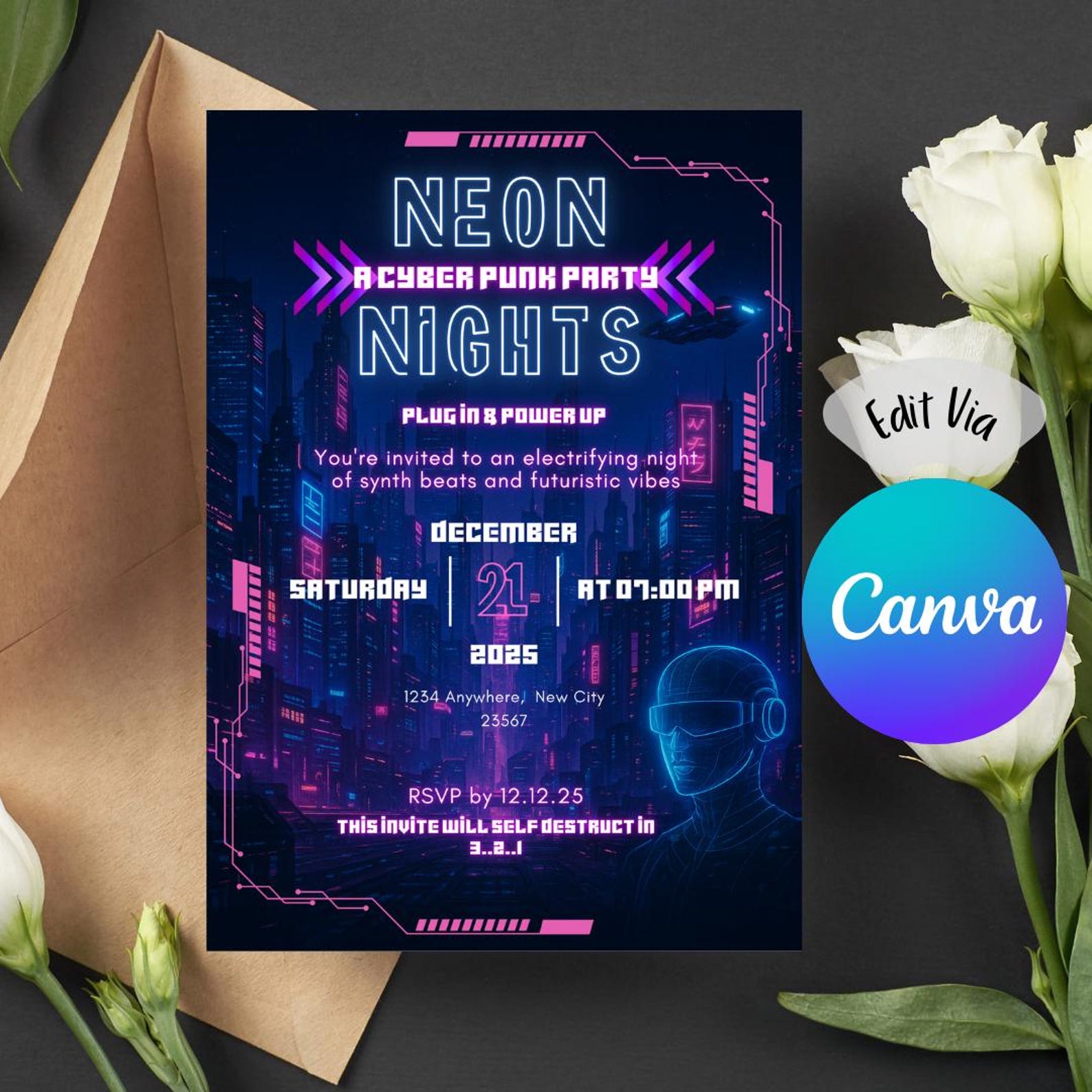 Cyberpunk Party Invitation, Neon Cityscape (canva Template) - Etsy