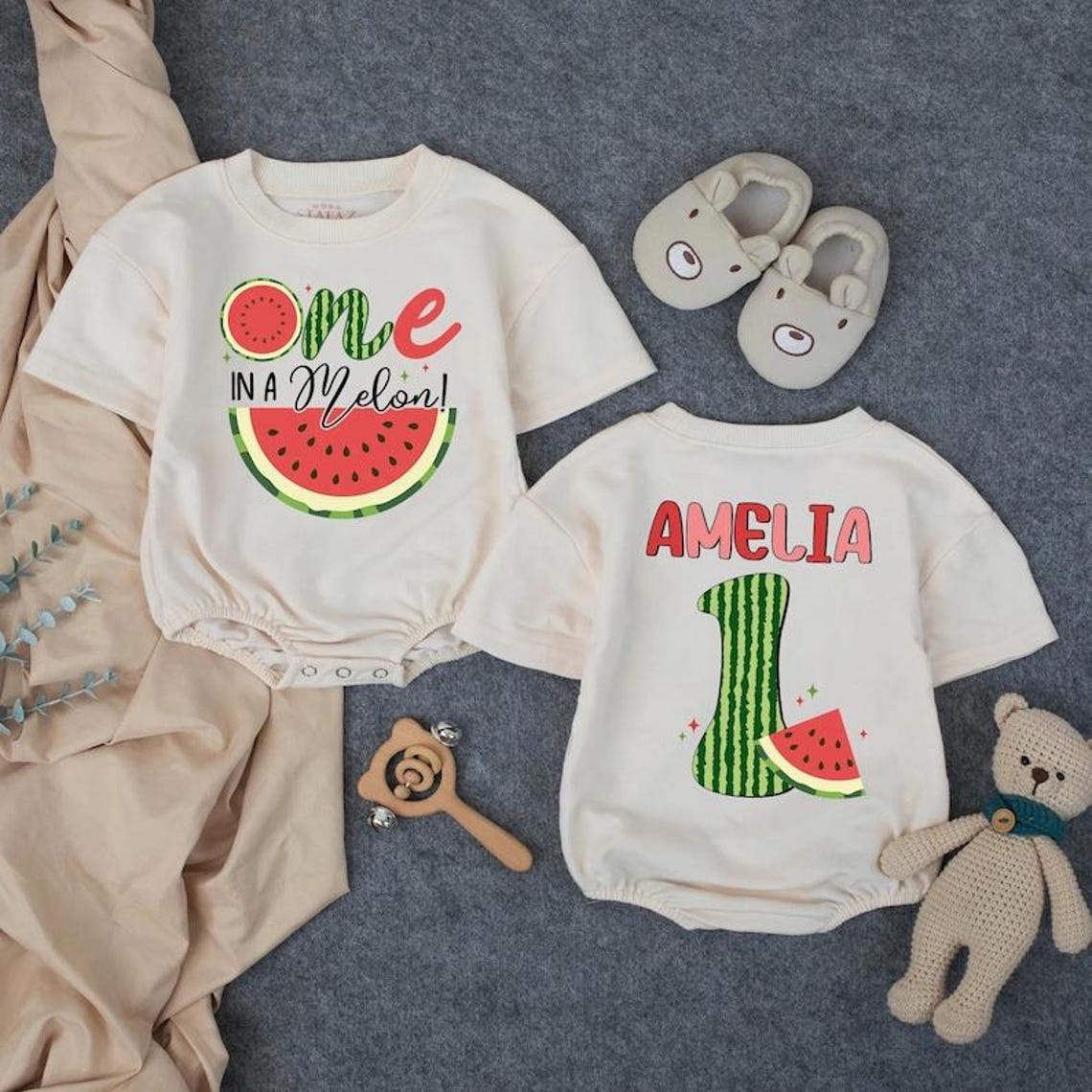 Personalized “one in a Melon” Baby Bubble Romper, First Birthday Girl ...