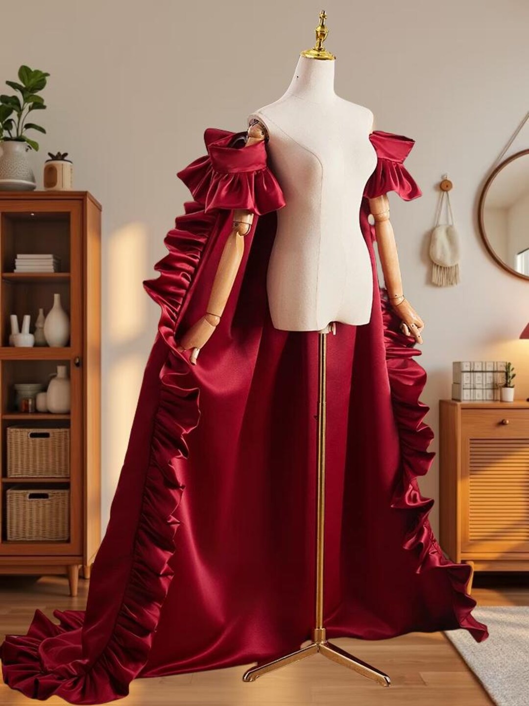 Claret Taffeta Bridal Cape With Sleeves and Train. Elegant Long Wedding ...