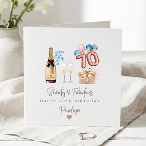 70th Birthday Card With Name Personalised Champagne & Balloons ...