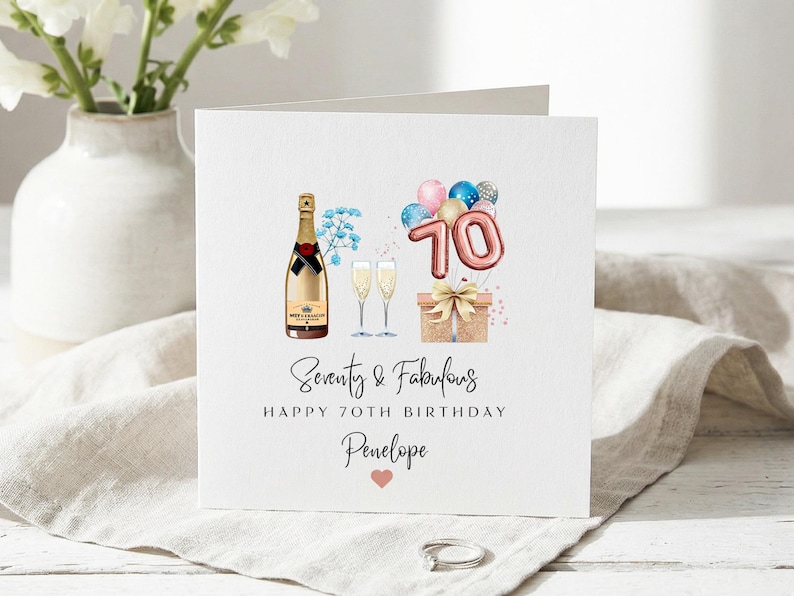 70th Birthday Card With Name Personalised Champagne & Balloons ...