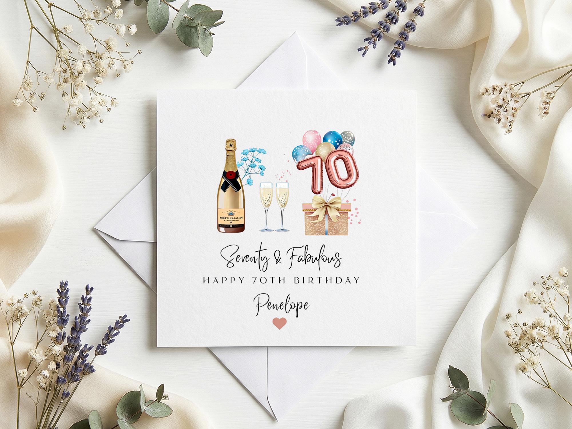 70th Birthday Card With Name Personalised Champagne & Balloons ...