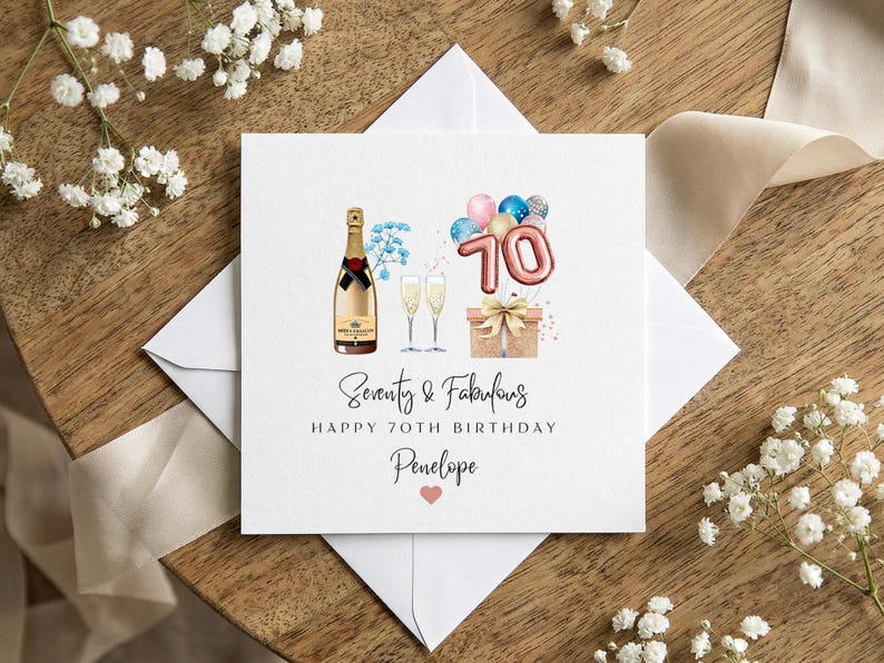 70th Birthday Card With Name Personalised Champagne & Balloons ...