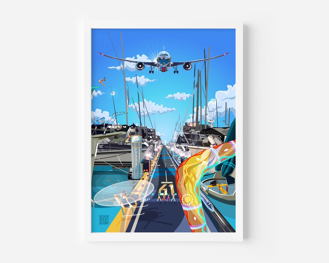 Surreal Getaway Art Print – Airplane, Boats Bold Colour Scene Plane ...