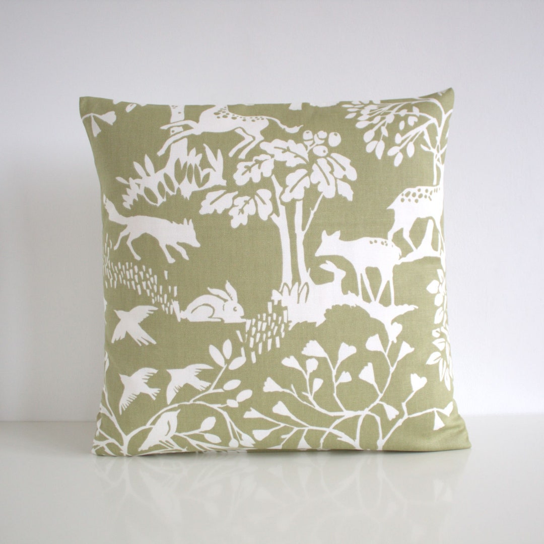Willow Green Cushion Cover, Wildlife Scandi Pillow Cover, Square 10x10 ...