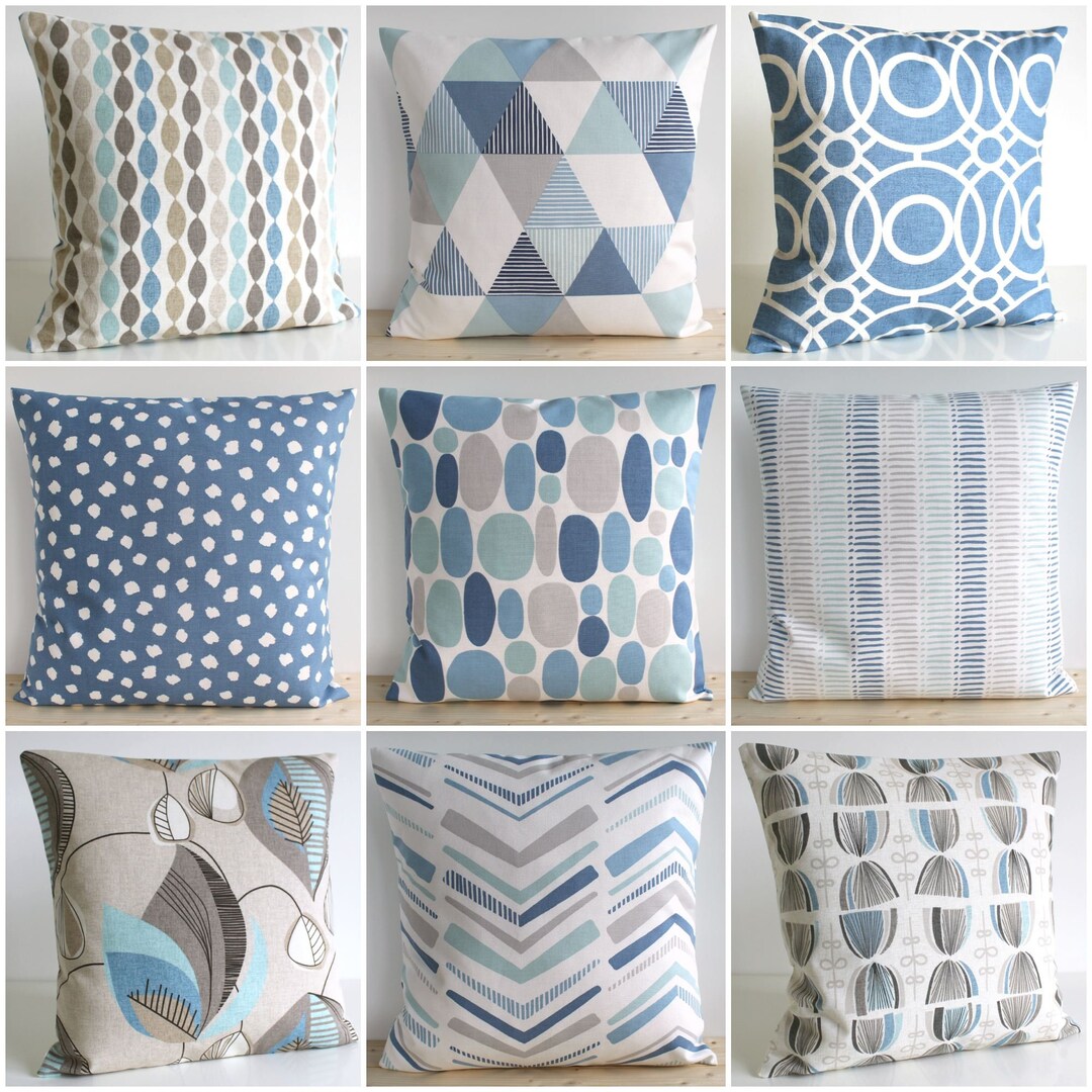 Geometric Cushion Cover in Blue Beige and White, Mix and Match Pillow ...