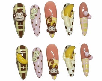 Handmade Pink and Yellow 3D Monkey Nails - Etsy