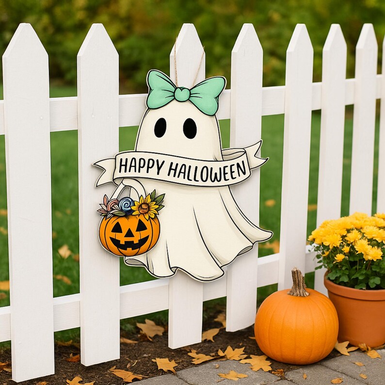 Ghost Door Sign: Spooky Wooden Hanging Sign With Bow - Etsy