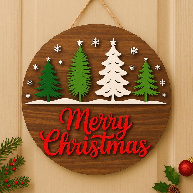 Rustic Merry Christmas Tree Round Sign, Red Green Forest Christmas Door ...