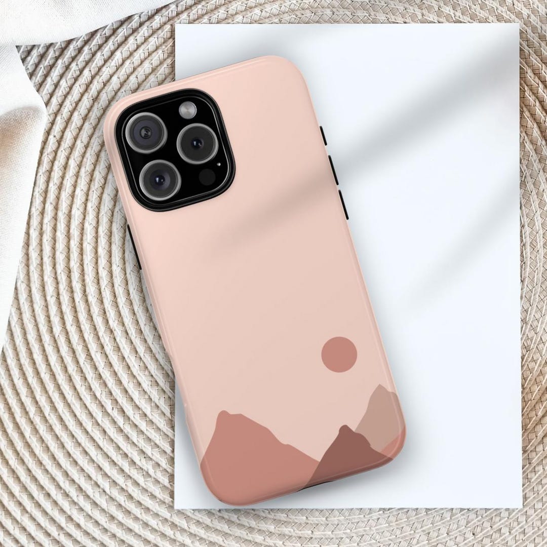 Minimalist Mountain Sunset Phone Case , Soft Beige Aesthetic, Matte and ...