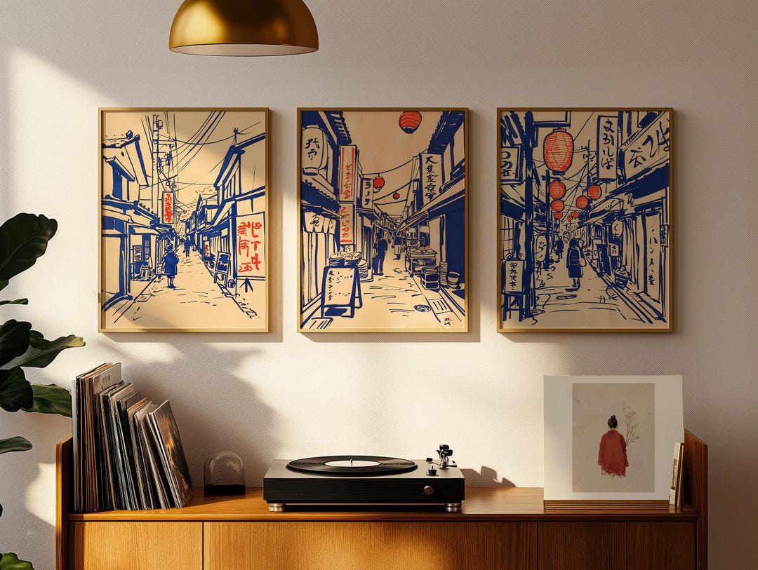 Japanese Street Wall Art Set of 3, Japanese City Print, Architectural ...