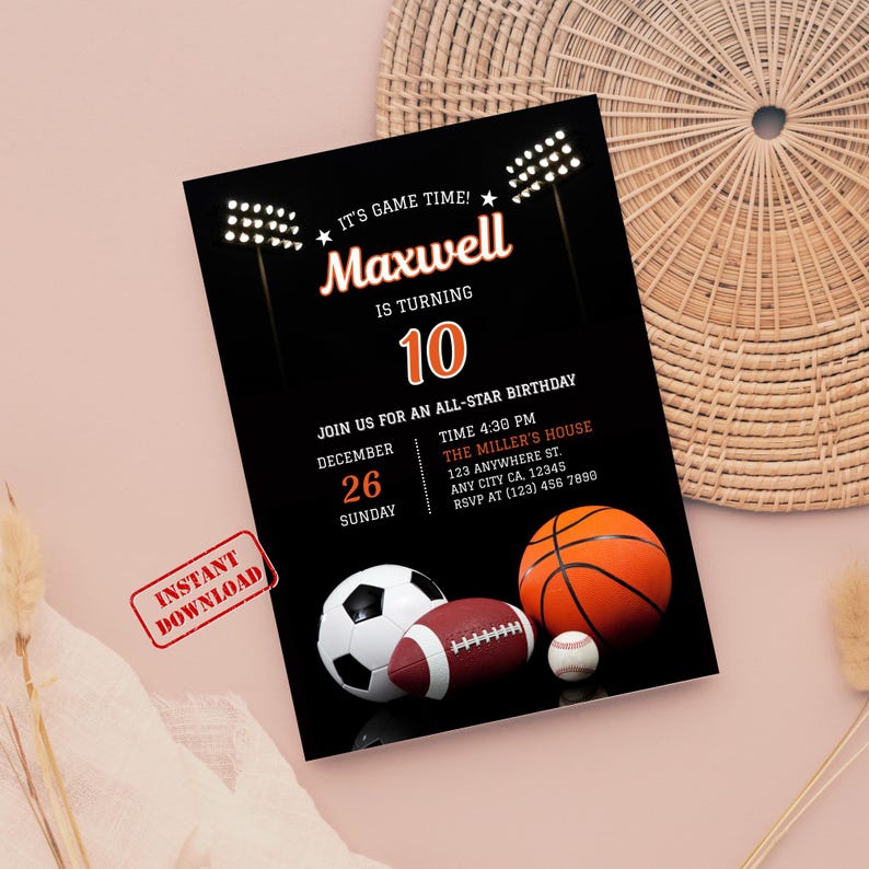 Editable Sports Birthday Invitation Template, All Star Game Day Party ...