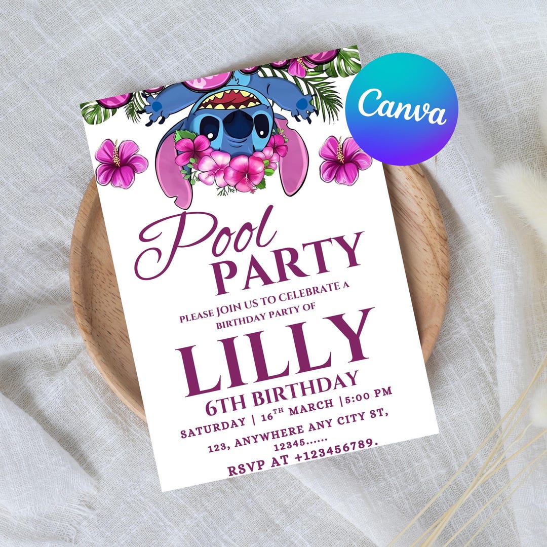 Stitch Pool Party Birthday Invitation for Girl Editable Stitch and ...