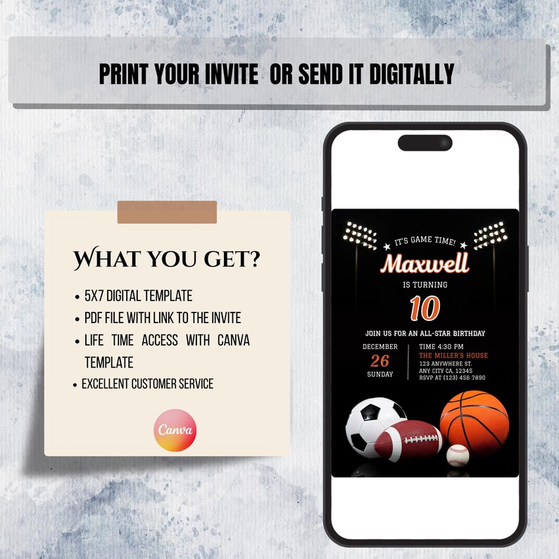Editable Sports Birthday Invitation Template, All Star Game Day Party ...