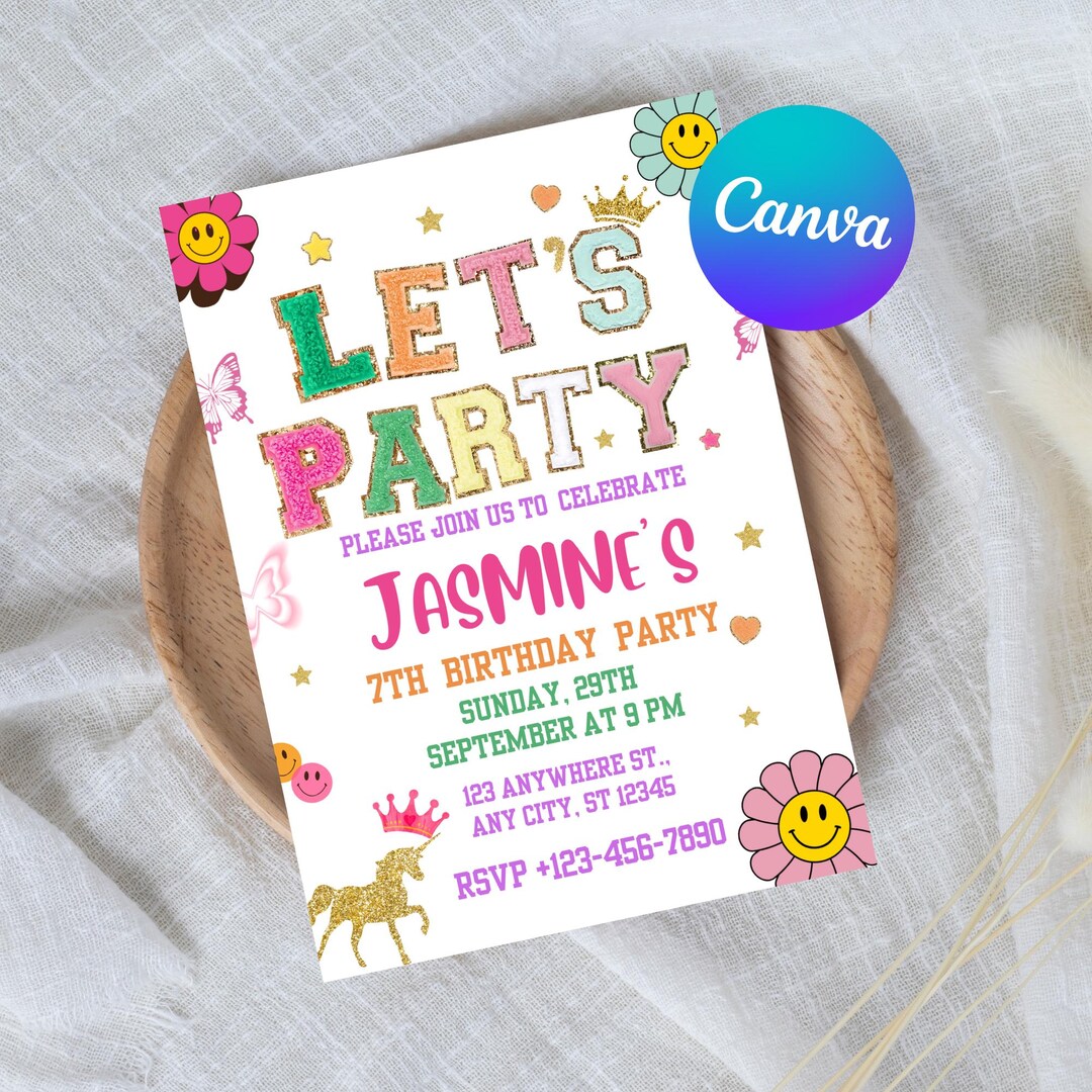 Editable Patch Letter Birthday Party Invitation, Girls Birthday ...