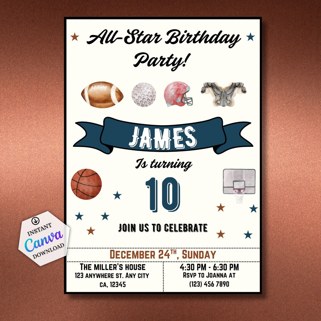 Editable All Star Sports Birthday Invitation, Sports Party Invite ...