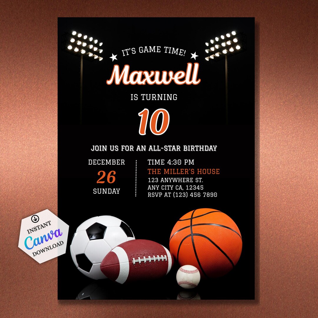 Editable Sports Birthday Invitation Template, All Star Game Day Party ...